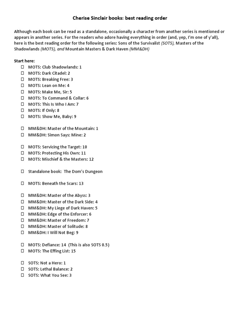 Cherise Sinclair Reading Order Guide | PDF