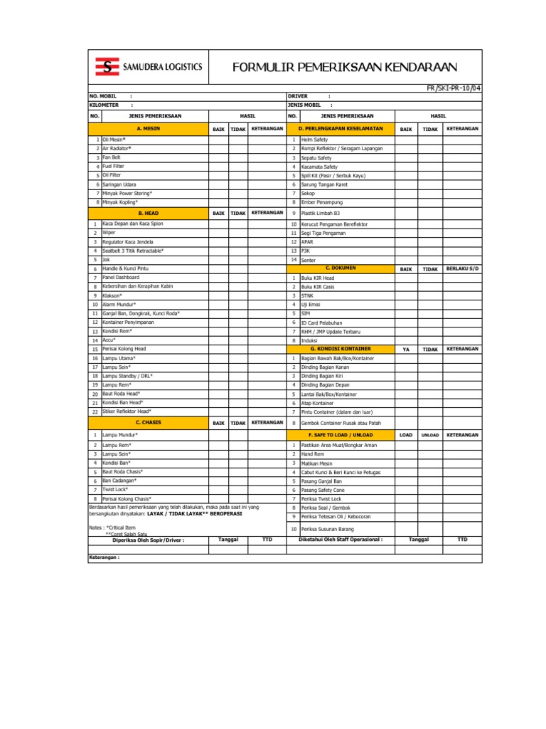 SKI - Checklist Pengecekan Kendaraan - Draft | PDF