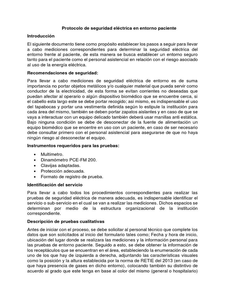 Protocolo de Seguridad Eléctrica en Entorno Paciente Introducción | PDF | Corriente eléctrica ...