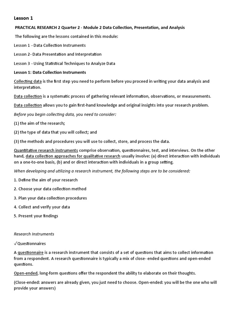 Lesson 1: PRACTICAL RESEARCH 2 Quarter 2 - Module 2 Data Collection, Presentation, and Analysis ...