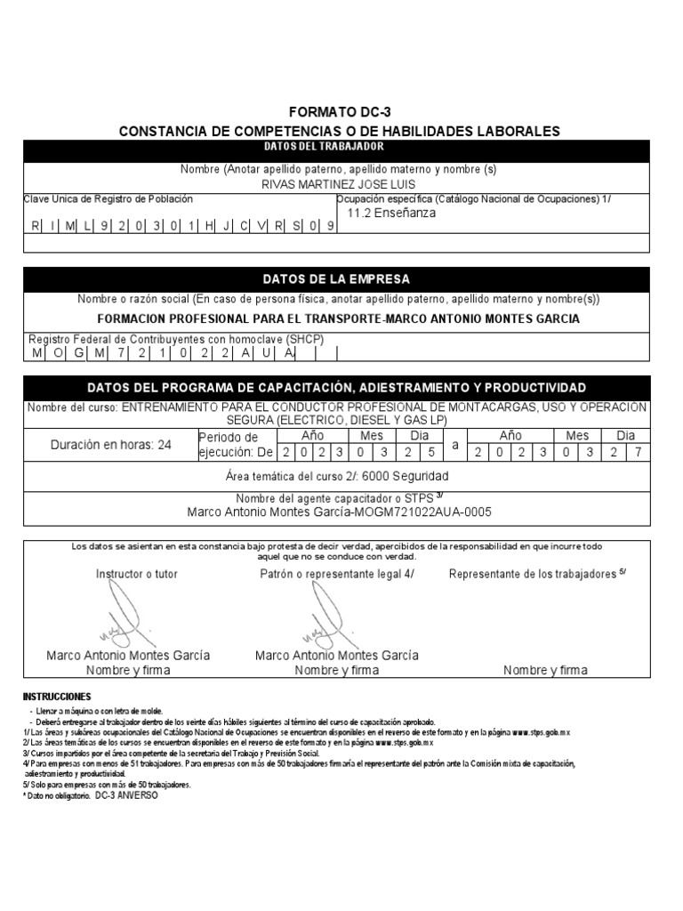 Formato Dc-3 Constancia de Competencias O de Habilidades Laborales | PDF