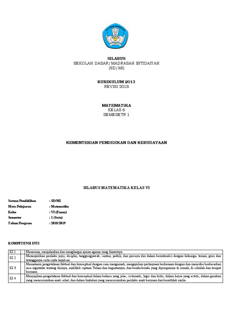 Silabus MTK Kelas 6 Sem 1 | PDF