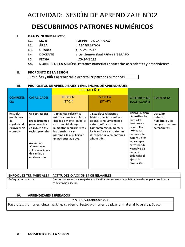 Descubrimos Patrones Numéricos: Actividad: Sesión de Aprendizaje N°02 | PDF | Evaluación | Cognición