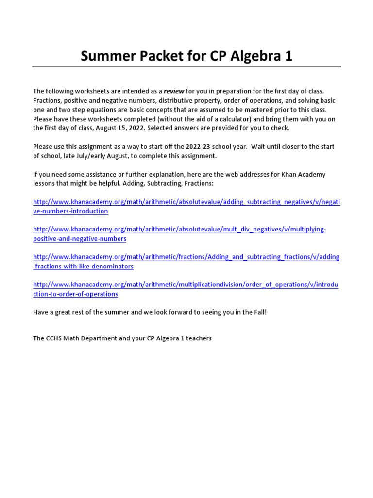 CP Algebra 1 Summer Packet 2022 | PDF | Algebra | Equations