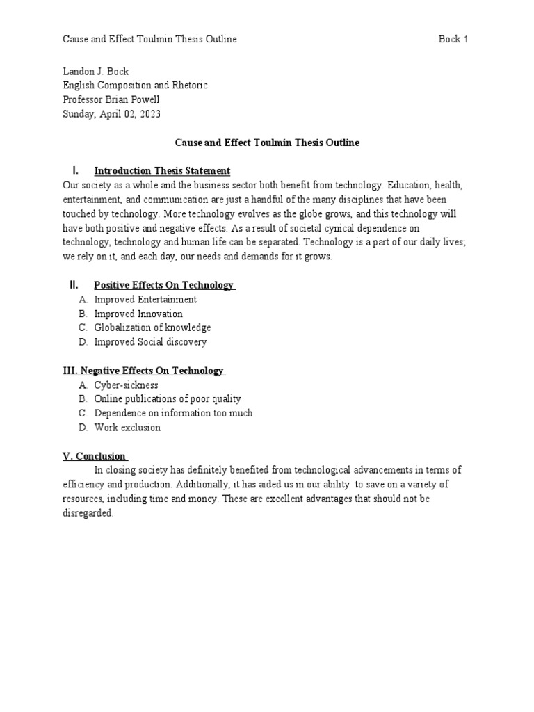 Cause And Effect Toulmin Thesis Outline Pdf Social Science