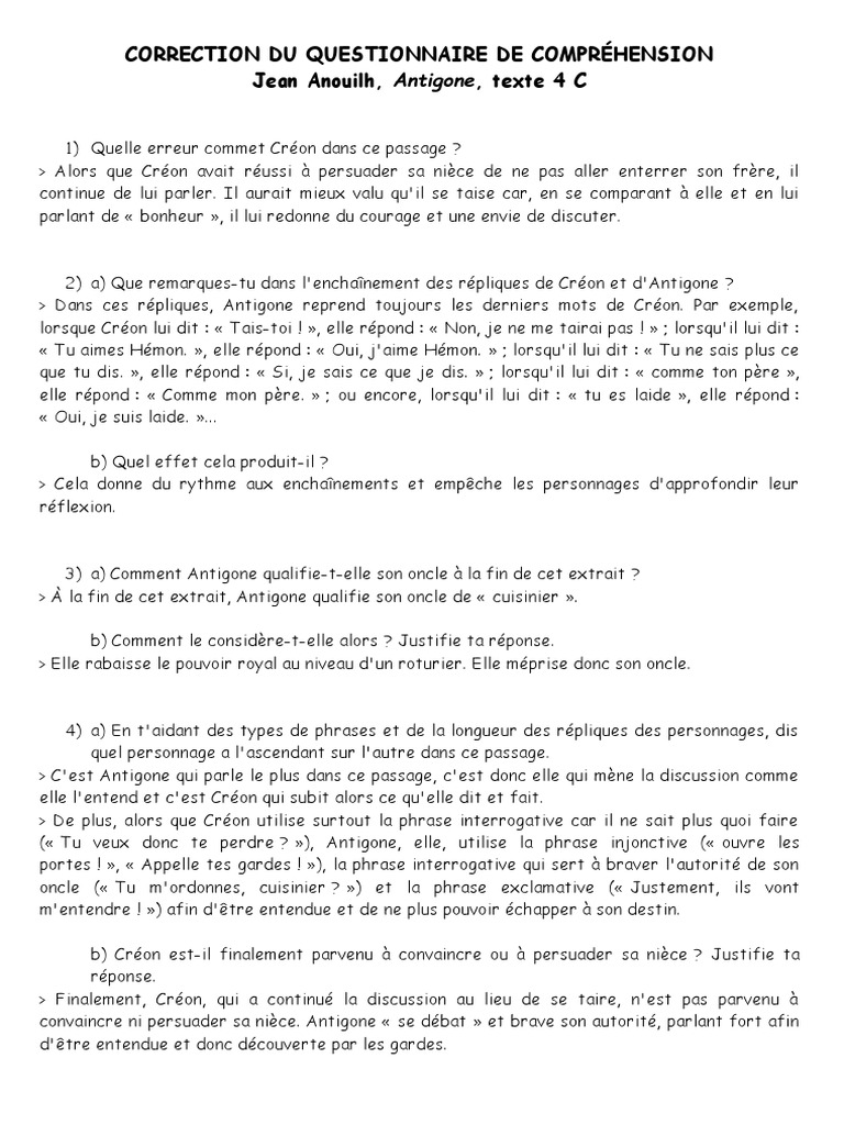 Correction Questionnaire Antigone 3ème | PDF | Phrase