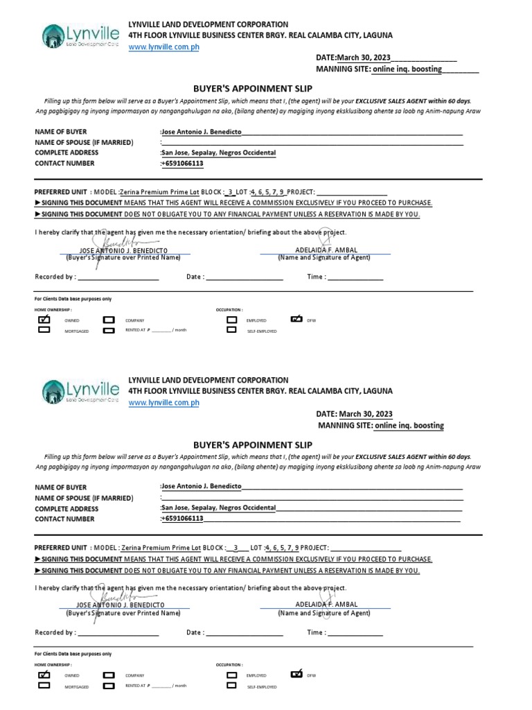 Appointment of Exclusive Sales Agent and Buyer Information Form for ...