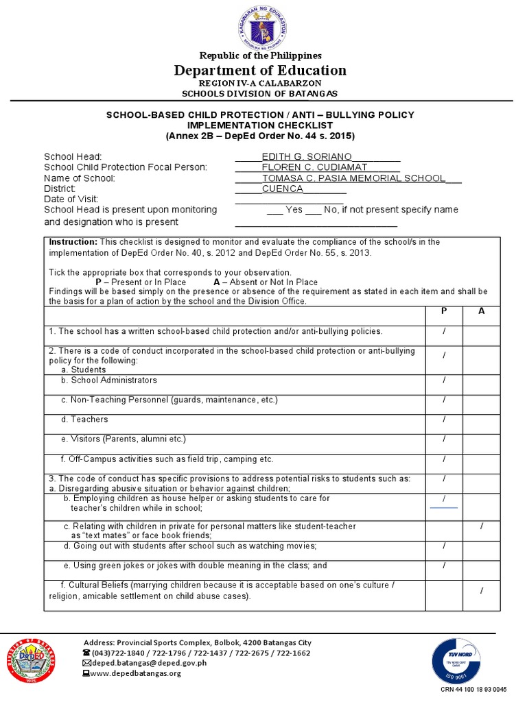SIP Implementation Checklist Annex 2B - Child Protection Policy | PDF ...