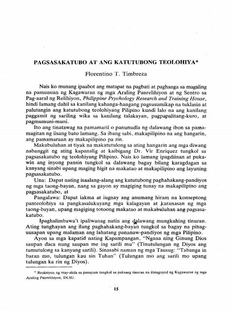 Pagsasakatubo at Ang Katutubong Teolohiya : Florentino T. Timbreza | PDF