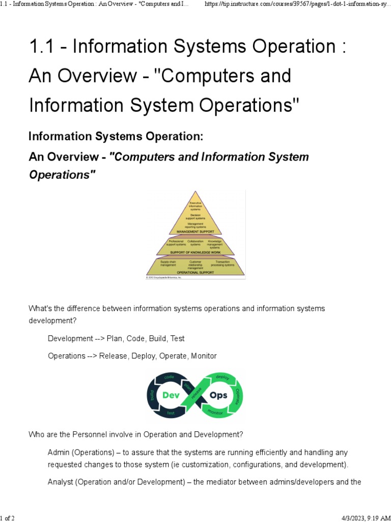 1.1 - Information Systems Operation: An Overview - "Computers and Information System Operations ...