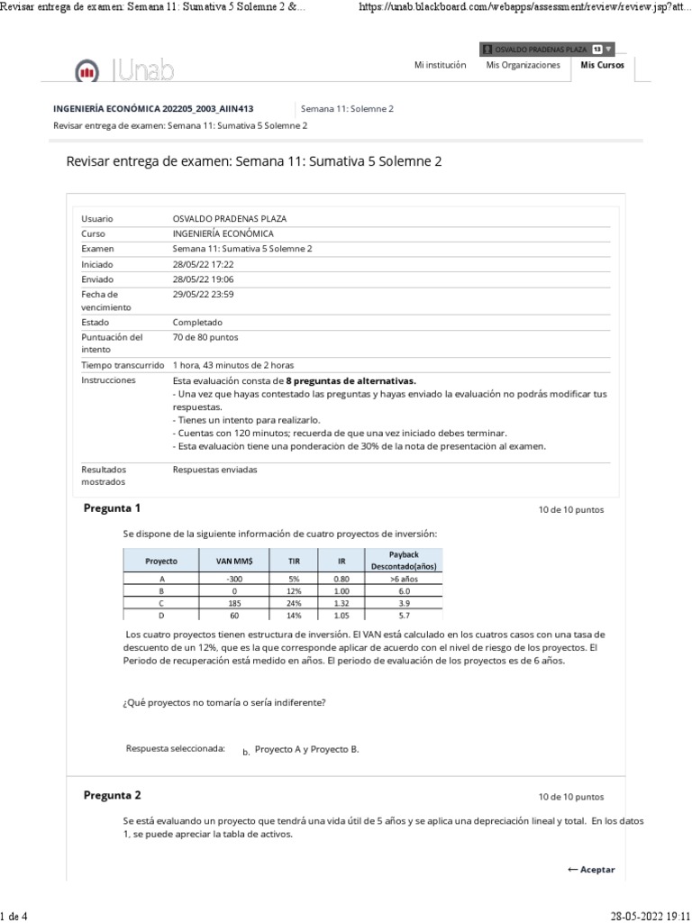 Revisar Entrega de Examen Semana 11 Sumativa 5 Solemne 2 &... | PDF