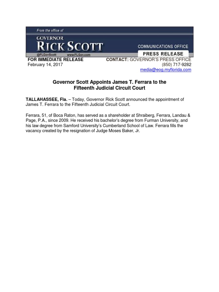 Governor Rick Scott Press Release-James T. Ferrara | PDF