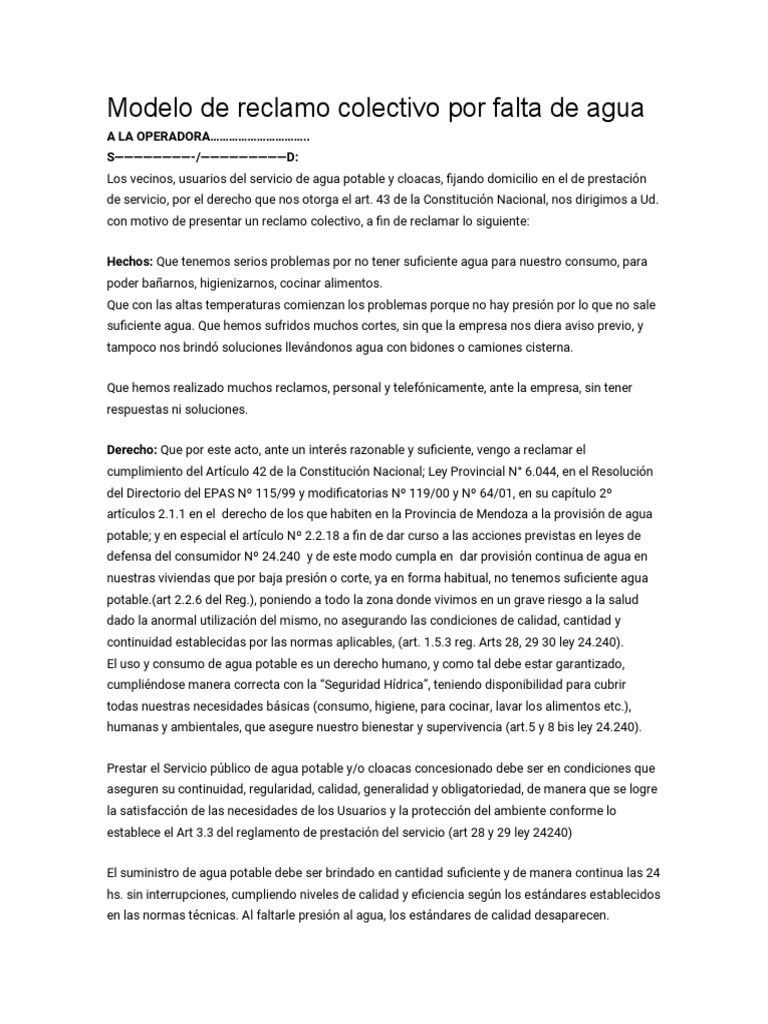 Modelo de Reclamo Colectivo Por Falta de Agua | PDF | Agua | Agua potable