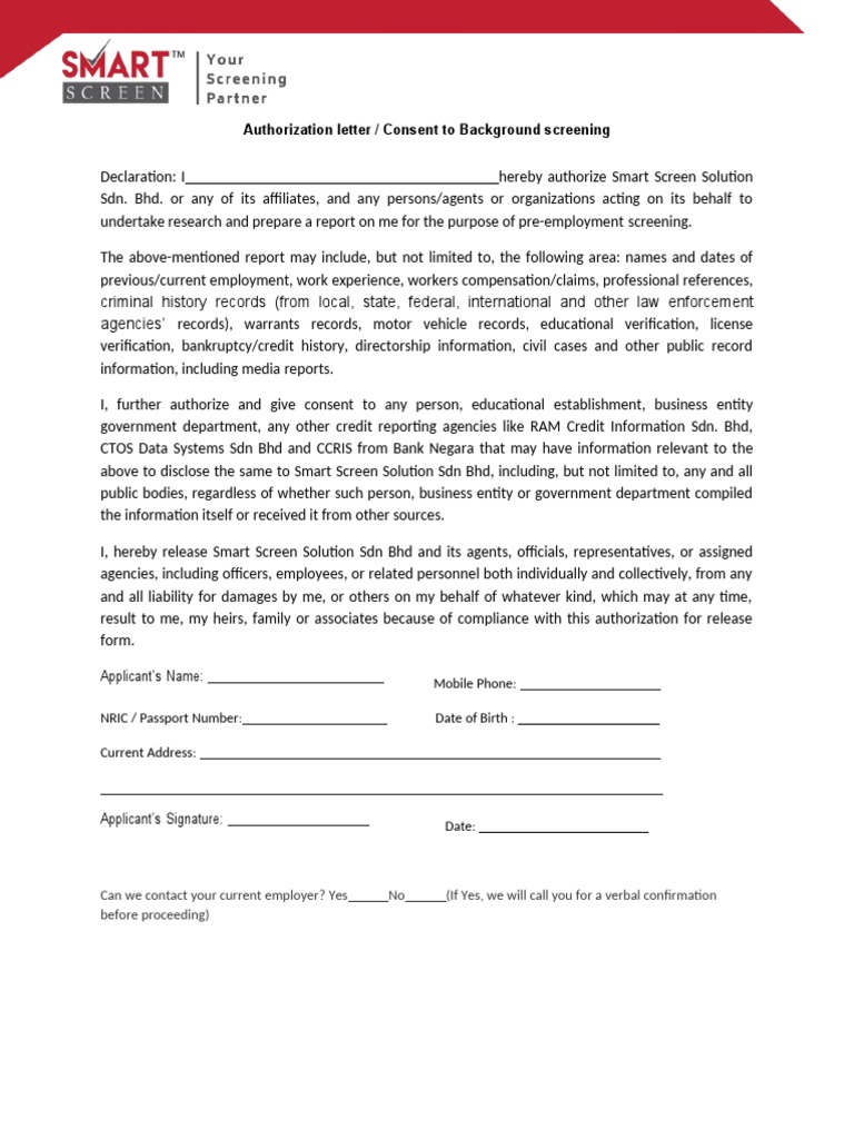 Authorization Letter / Consent To Background Screening | PDF