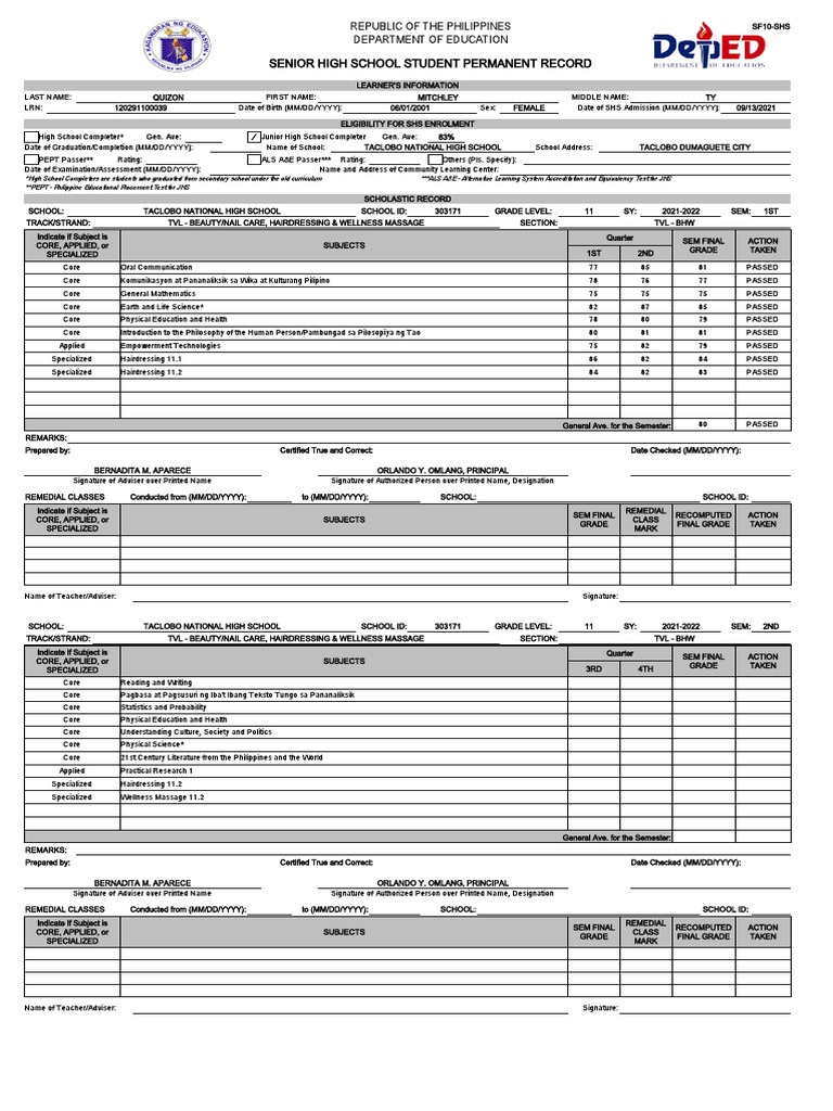 Senior High School Student Permanent Record: Republic of The ...