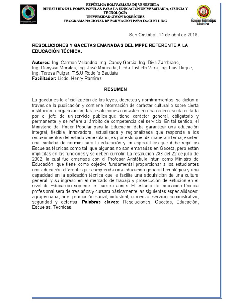 Resumen Resoluciones y Gacetas Emanadas Del Mppe Referentes A La ...