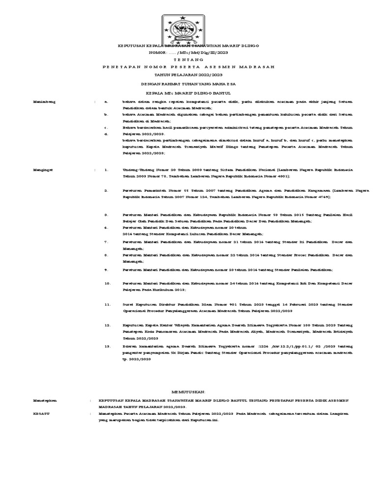 SK Penetapan Nomer Peserta Um | PDF