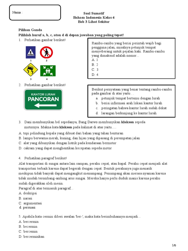 Soal Bahasa Indonesia Kelas 4 Bab 3 Lihat Sekitar | PDF