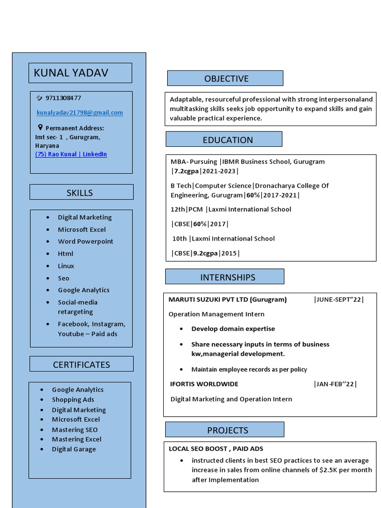 Kunal Yadav: Objective | PDF