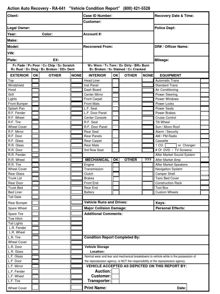 Aar Condition Report Form | PDF | Trunk (Car) | Vehicles