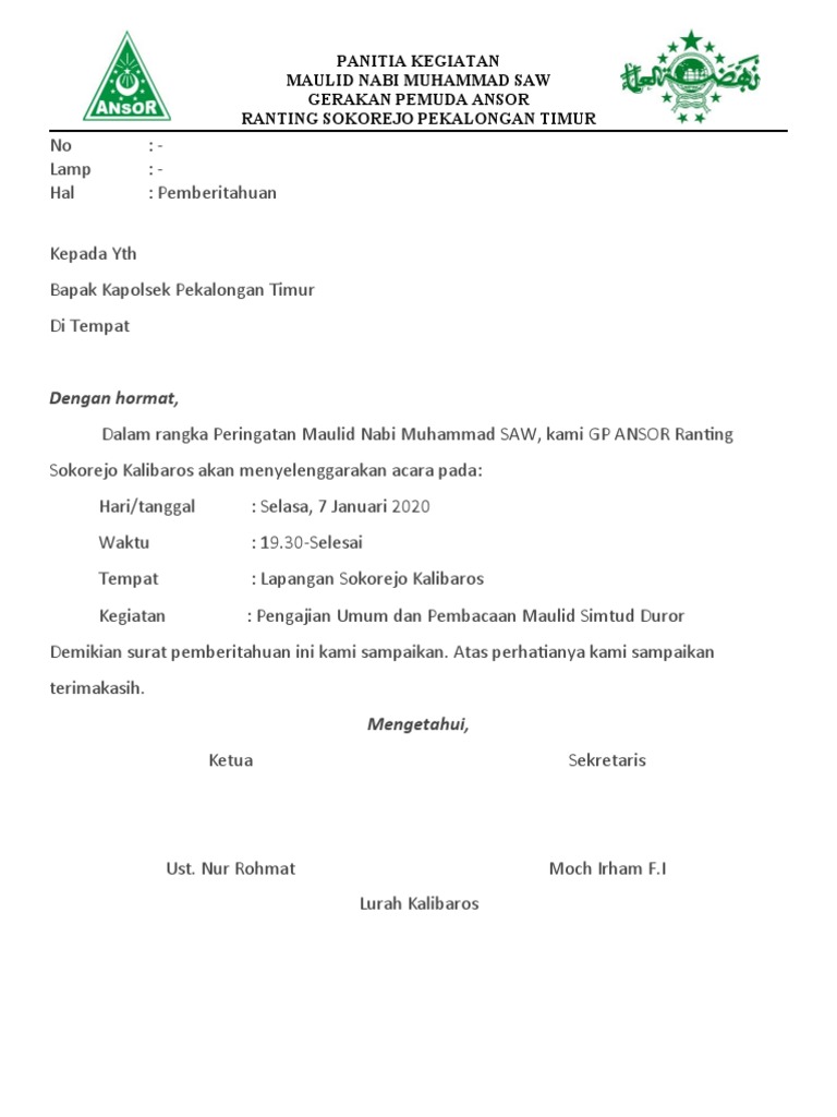 Surat Pemberitahuan Kapolsek | PDF