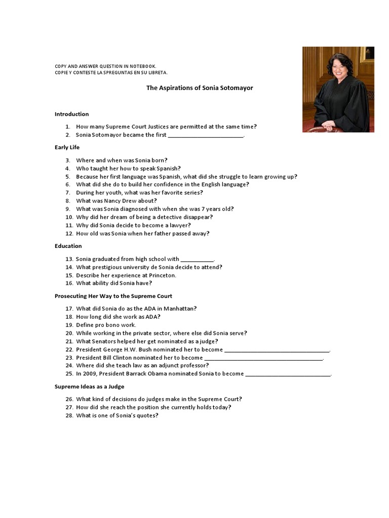 The Aspirations of Sonia Sotomayor: Copy and Answer Question in ...