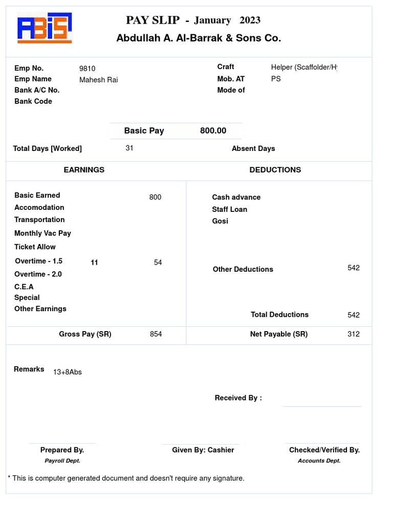 Pay Slip - : Abdullah A. Al-Barrak & Sons Co | PDF