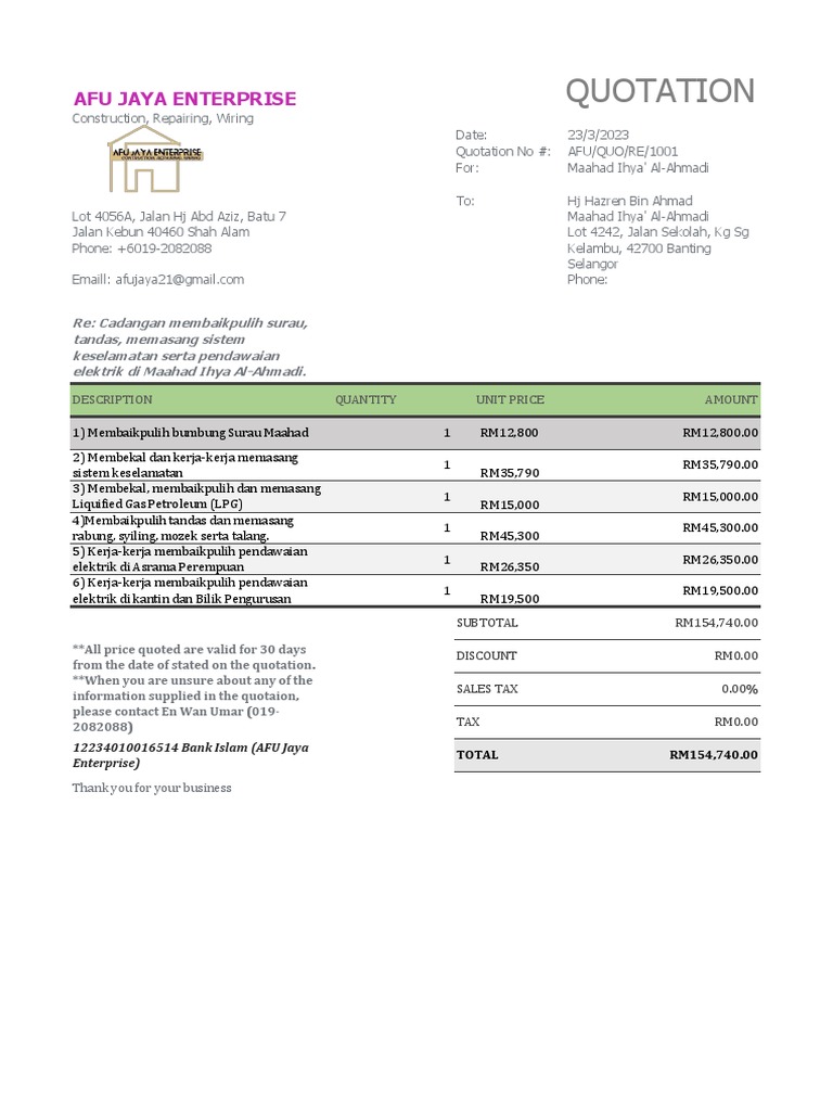 Quotation for Maahad Ihya' Repairs | PDF