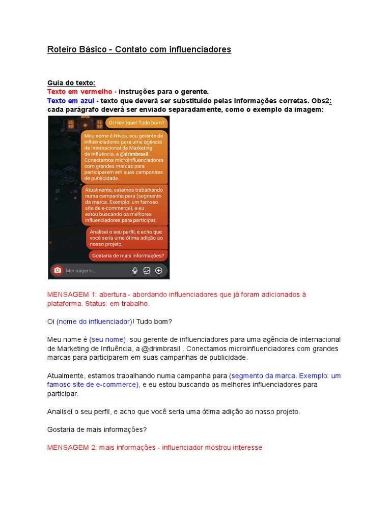 Roteiro Básico - Contato Com Influenciadores | PDF