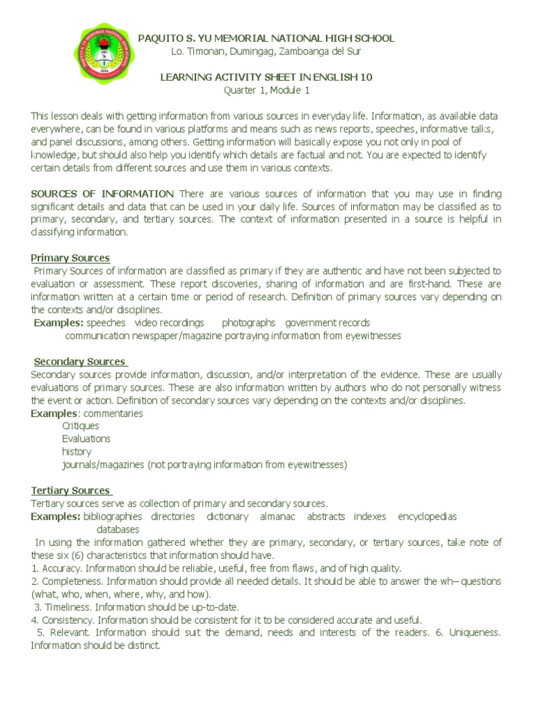 Eng.1 Mod.1 | PDF | Primary Sources | Information