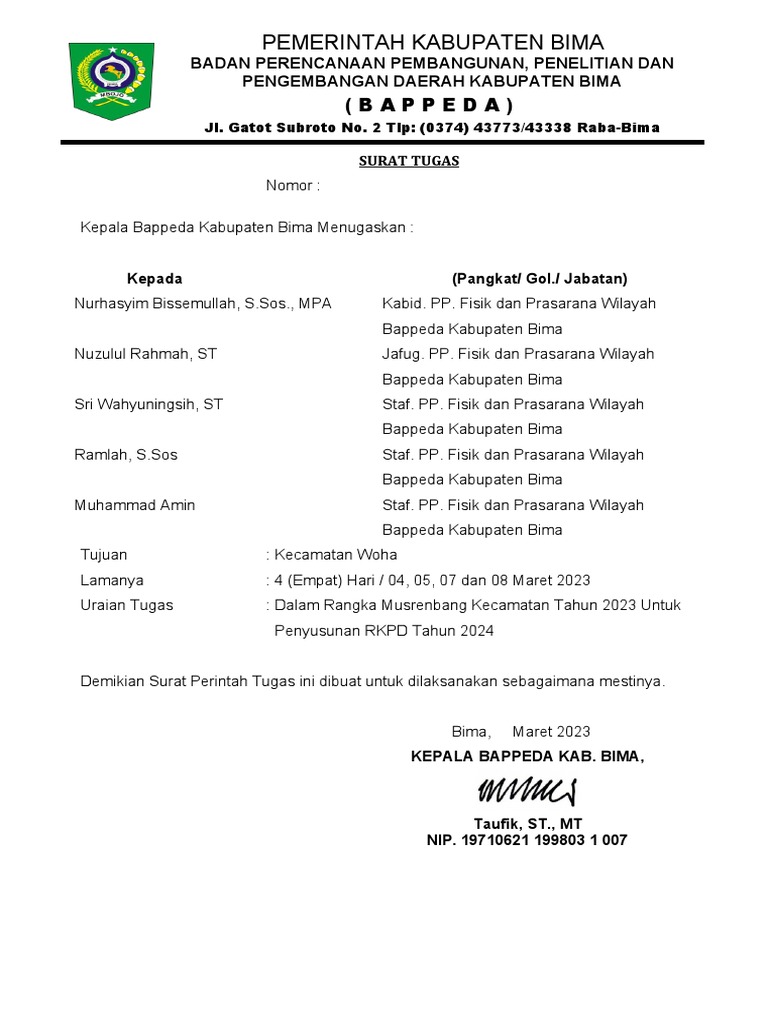 Surat Tugas Bappeda Bima 2023 | PDF
