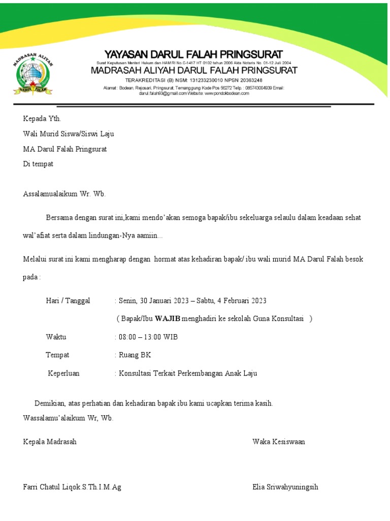 Surat Undangan Wali Siswa | PDF
