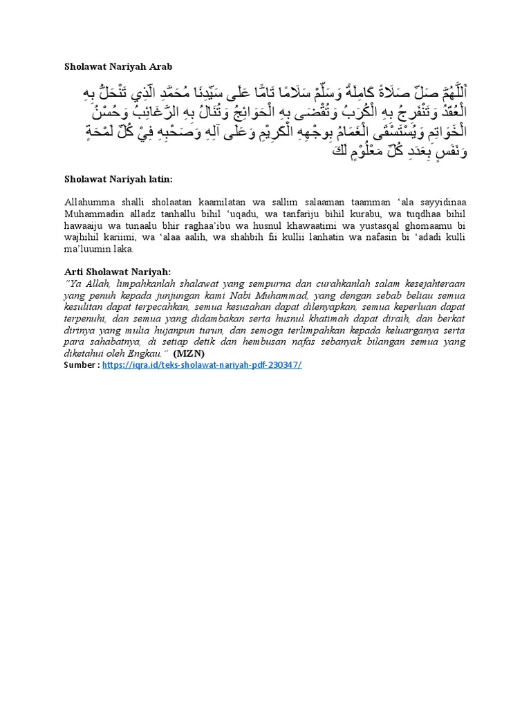 Lirik Latin Arab Dan Terjemah Sholawat Nariyah | PDF