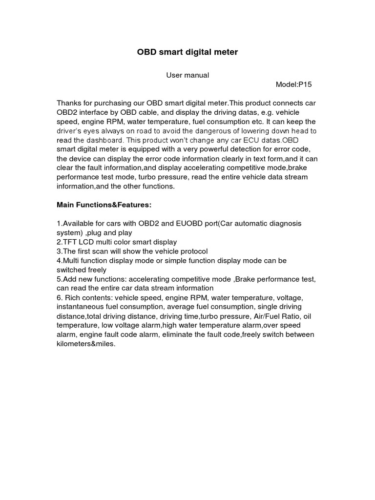 OBD Smart Digital Meter: Main Functions&Features | PDF | Fuel Economy ...