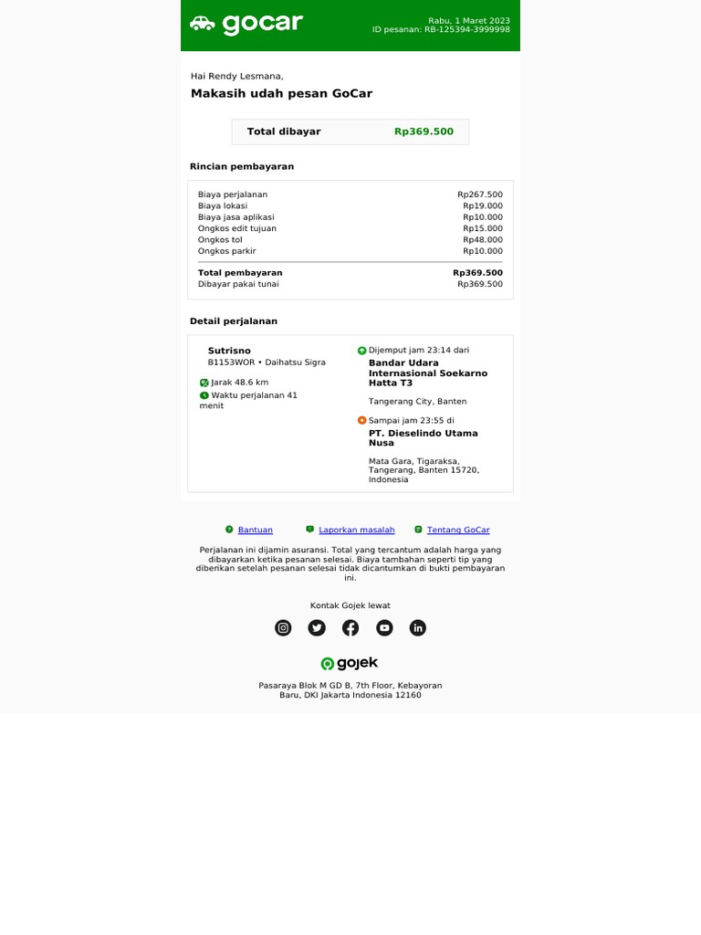 "Rincian Perjalanan GoCar ID Pesanan RB-125394-3999998" | PDF