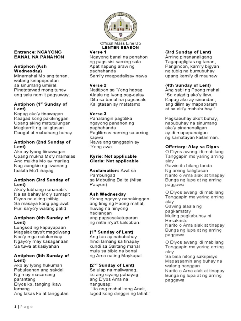 Tagalog Mass Line Up - Lent | PDF