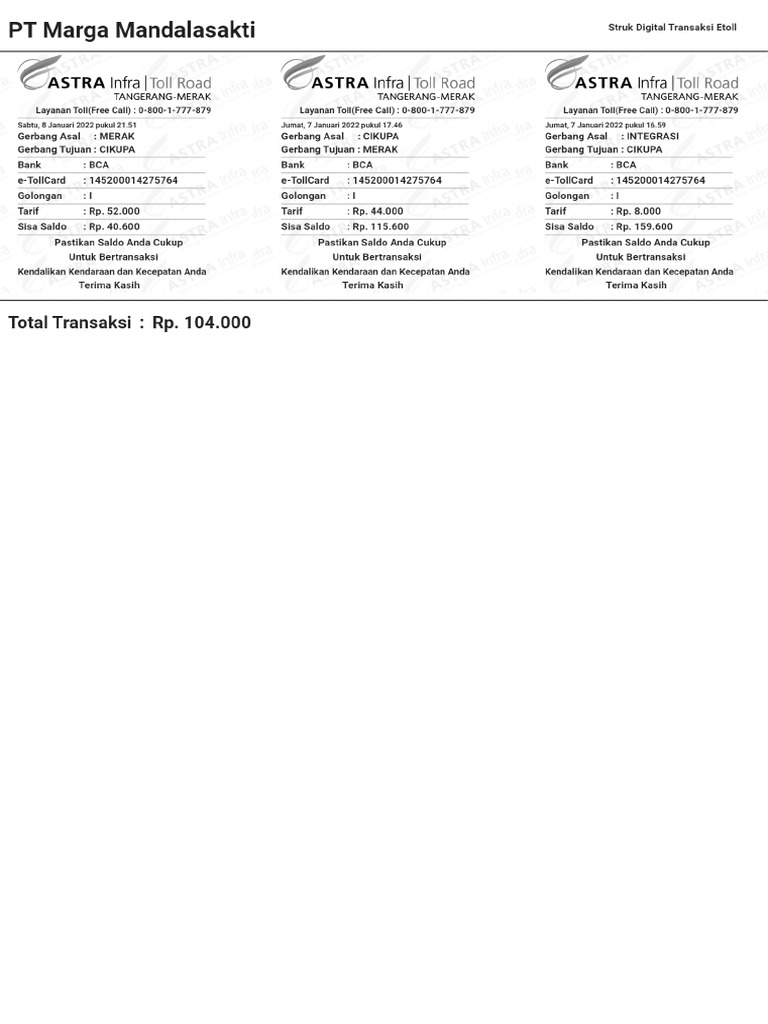 Struk Transaksi ASTRA Infra Toll Road - 203337 | PDF