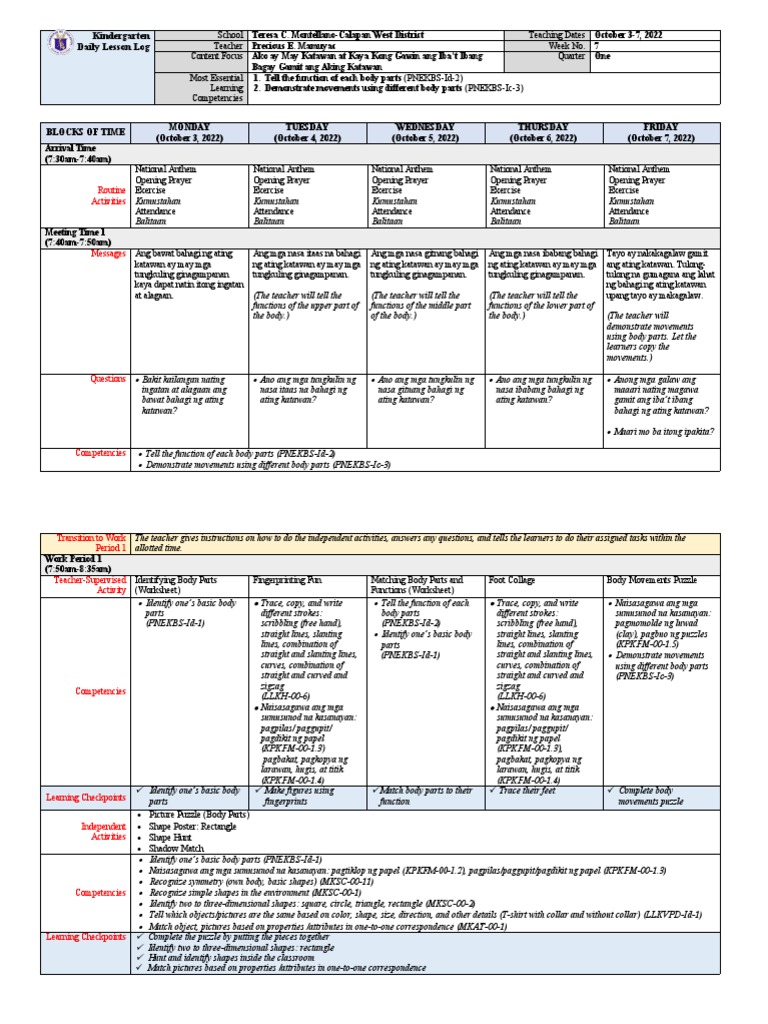 Kindergarten DLL MELC Q1 Week 7 Asf | PDF | Learning | Teachers Kindergarten DLL MELC Q1 Week 7 Asf | PDF | Learning | Teachers
