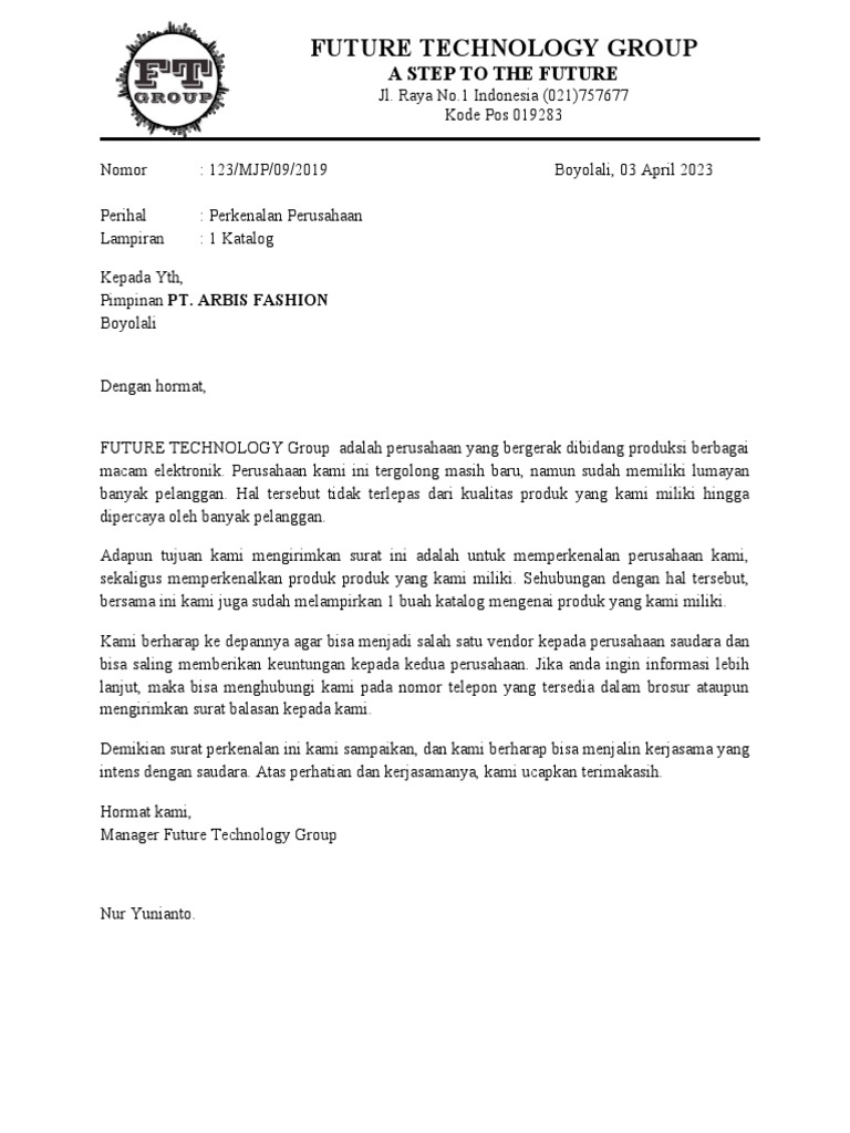 Surat Perkenalan Future Technology Group | PDF