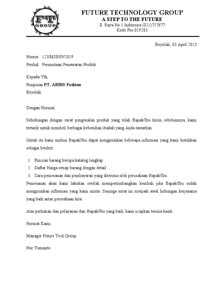Surat Permintaan Penawaran Produk | PDF