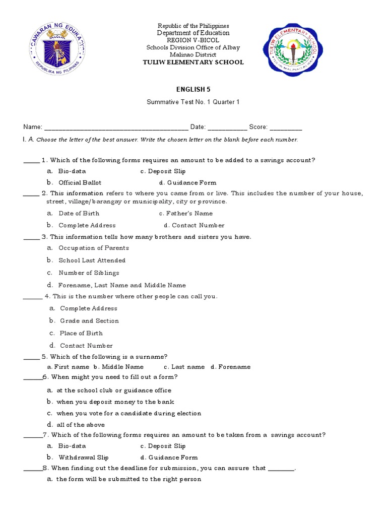 Grade 5 English Summative Test Q1 | PDF | Pupa | Butterfly
