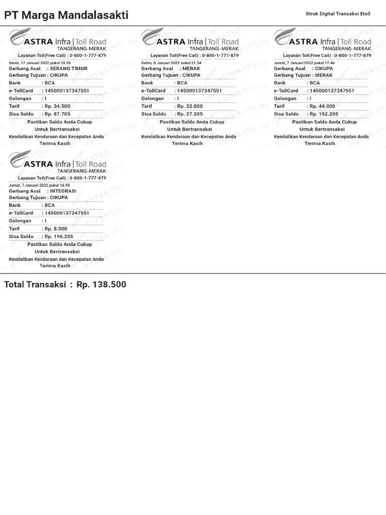 Struk Transaksi ASTRA Infra Toll Road - 2041107 | PDF
