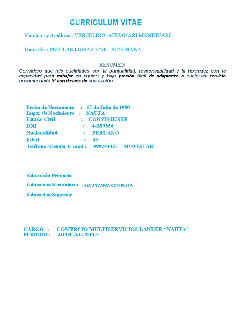 Curriculum Vitae: Resumen | PDF