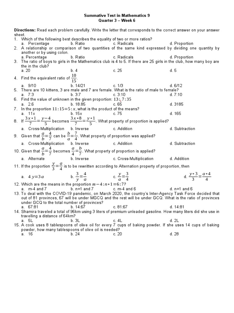 Math 9 - Quarter 3 - Week 6 - Summative Test | PDF | Ratio | Arithmetic