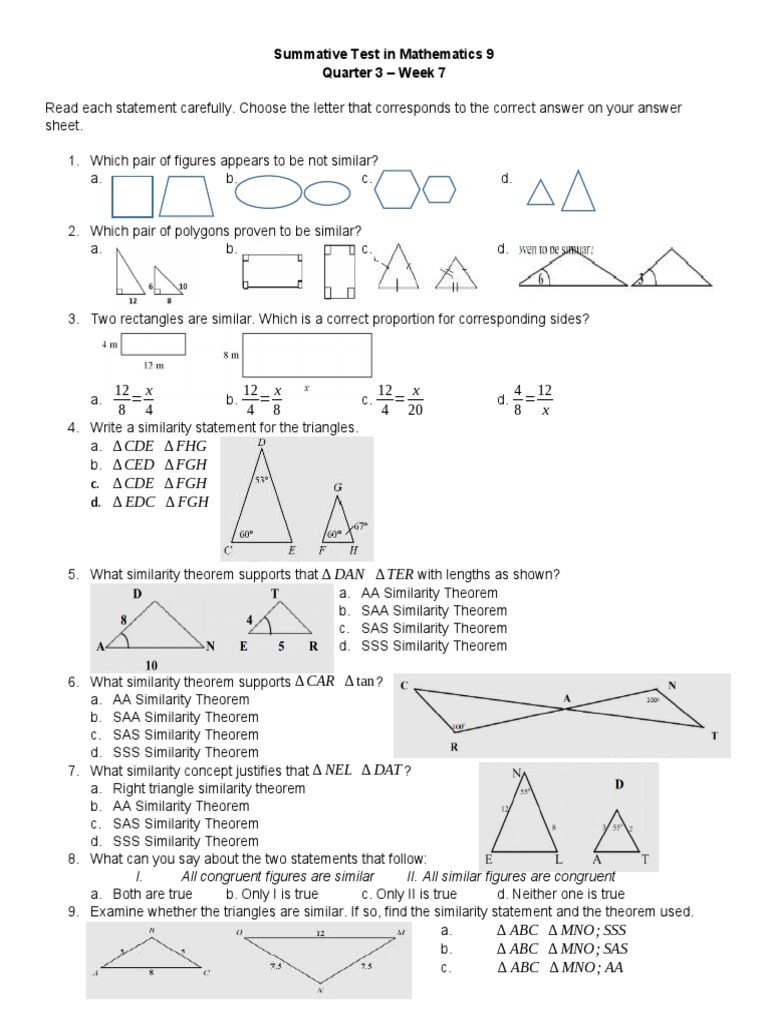 Grade 9 Similar Figures Test Key | PDF | Triangle | Classical Geometry