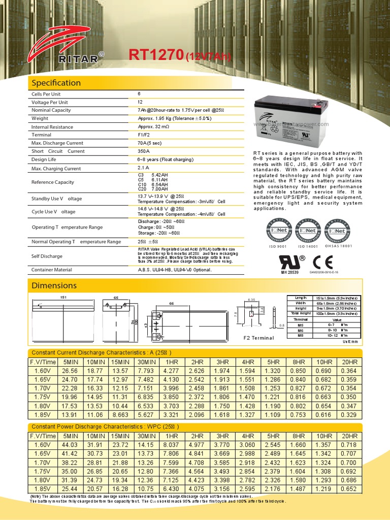 RT1270 12V 7Ah Battery Specifications | PDF | Metrology | Physical ...