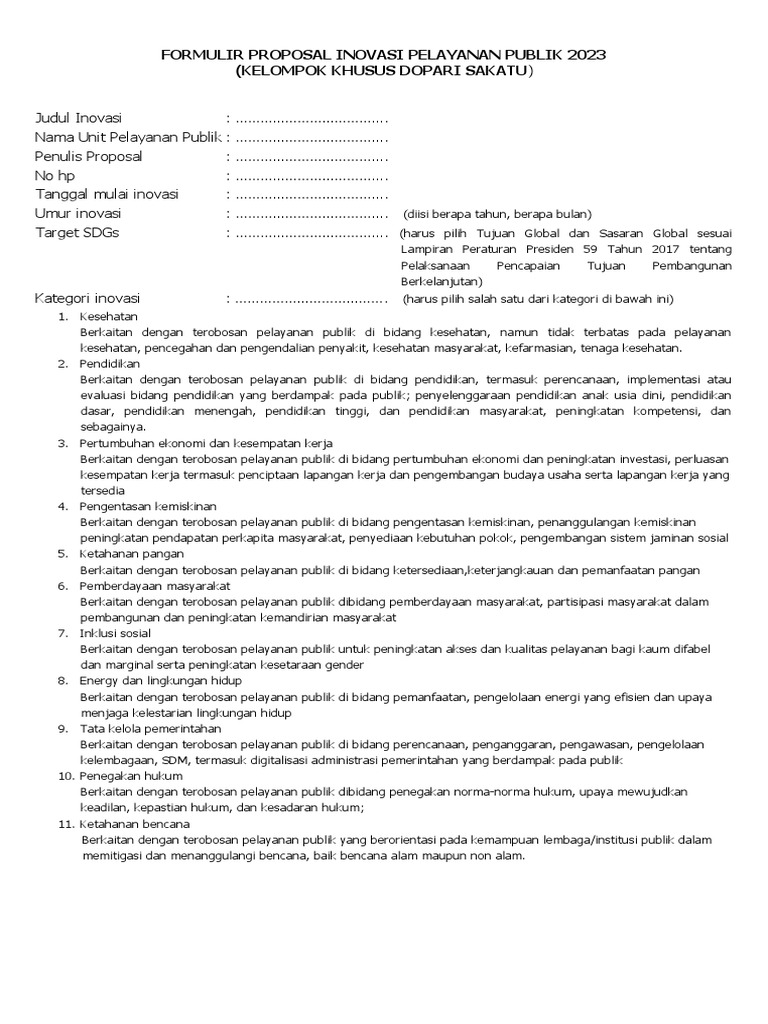Formulir Proposal Inovasi Pelayanan Publik 2023 (Kelompok Khusus Dopari ...