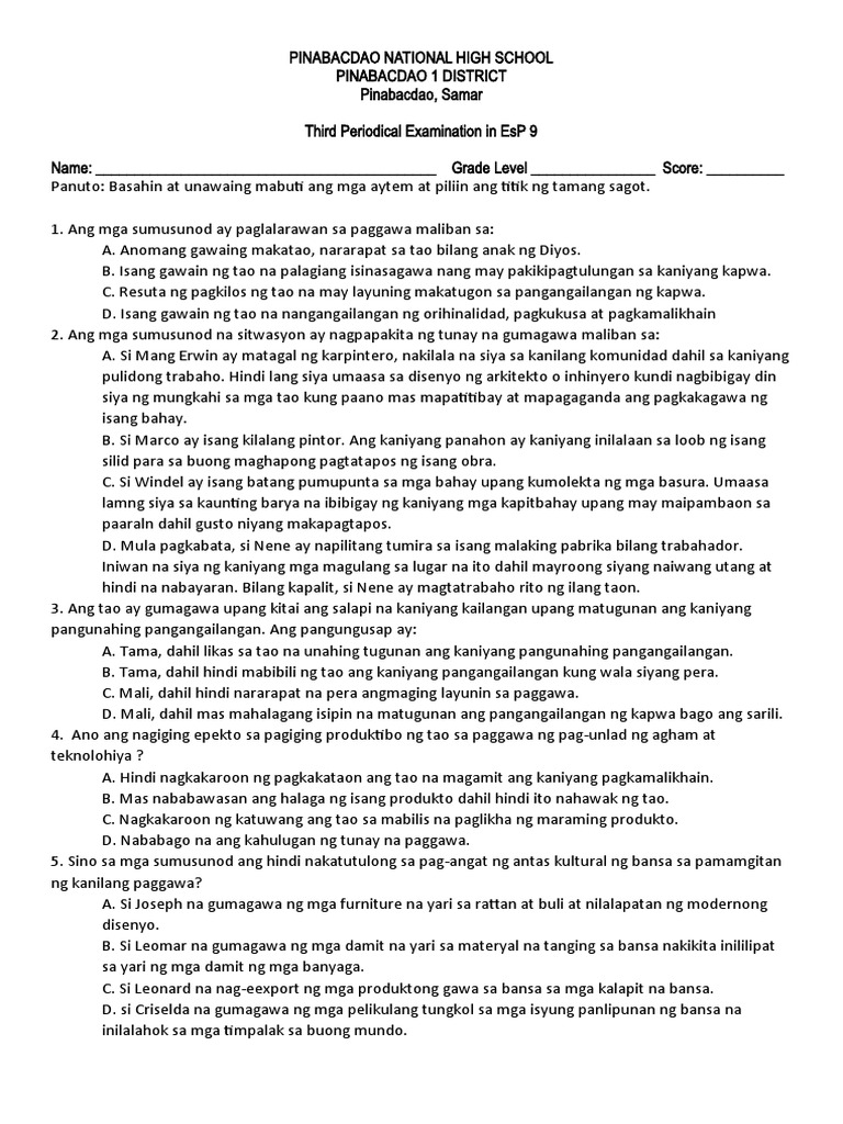 EsP 9 3rd Periodical Test | PDF