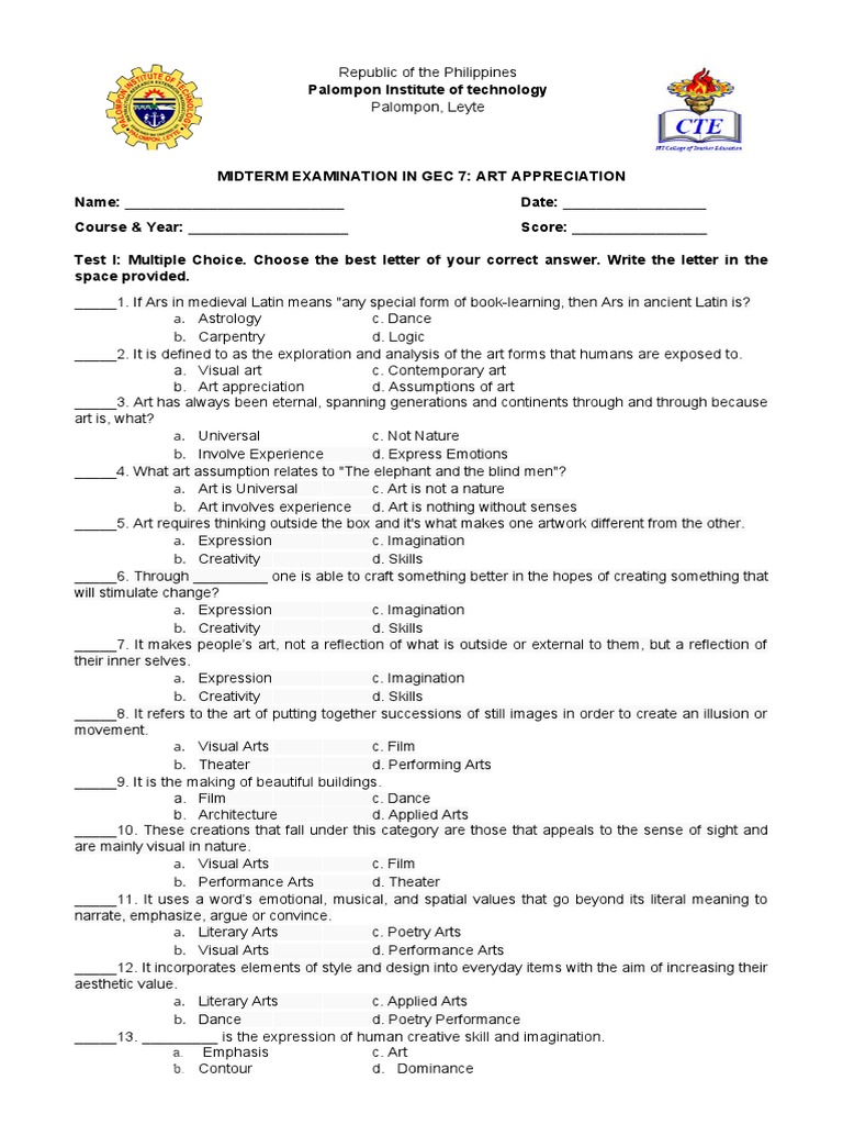 MIDTERM EXAMINATION (AutoRecovered) | PDF | The Arts | Aesthetics