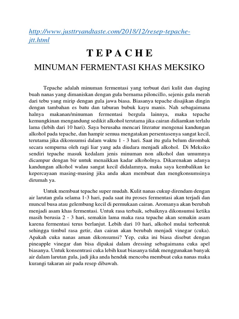 Resep Tepache: Minuman Fermentasi Nanas | PDF | Memasak, Makanan, & Anggur